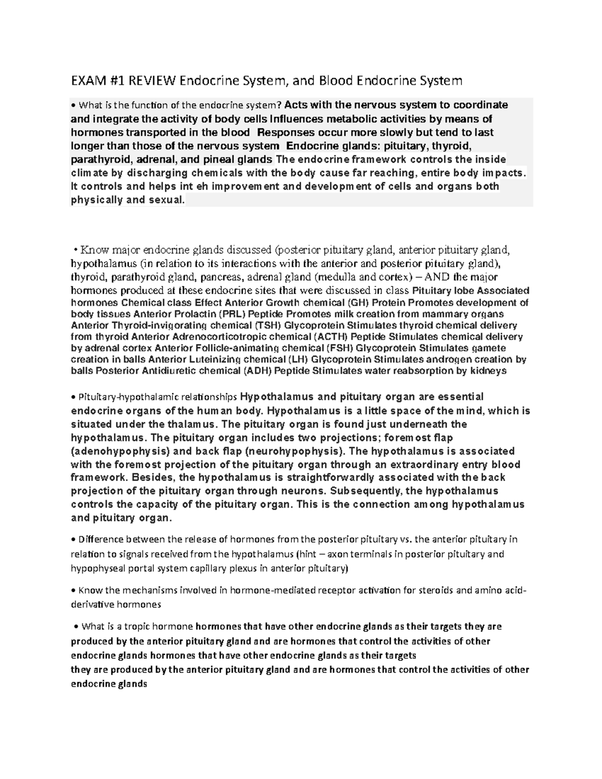 A&P 2 - Study notes for A&P - EXAM #1 REVIEW Endocrine System, and ...