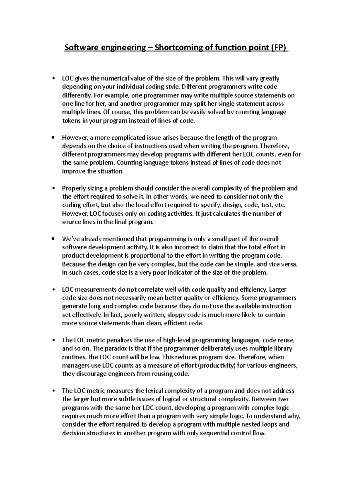 Software engineering – Shortcoming of function point (FP) - This will ...