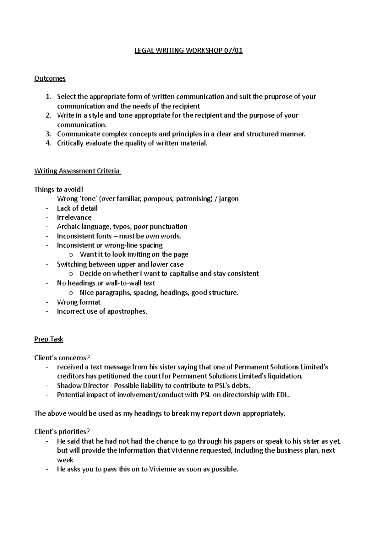 Legal Writing Workshop - LEGAL WRITING WORKSHOP 07/ Outcomes Select the ...