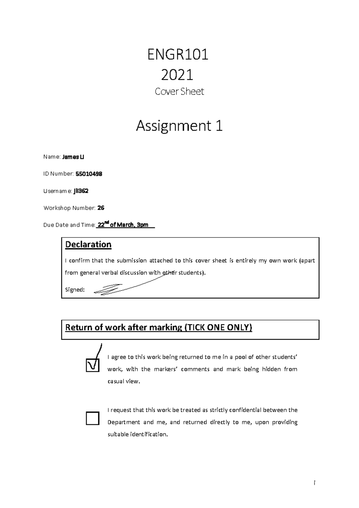 ENGR101 Assignment 1 - i ENGR 2021 Cover Sheet Assignment 1 Name: James ...