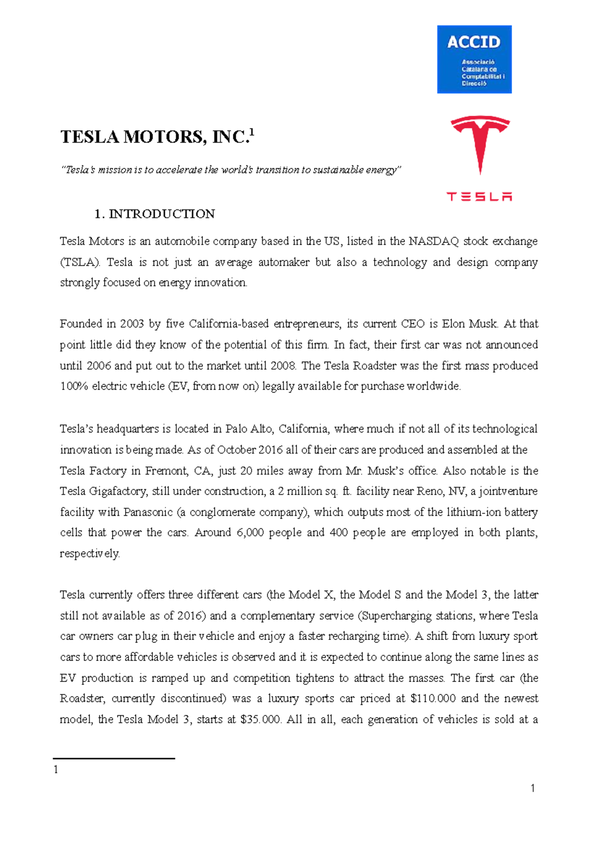 Tesla-Motors-Inc - For Project Report - TESLA MOTORS, INC. 1 “Tesla’s ...