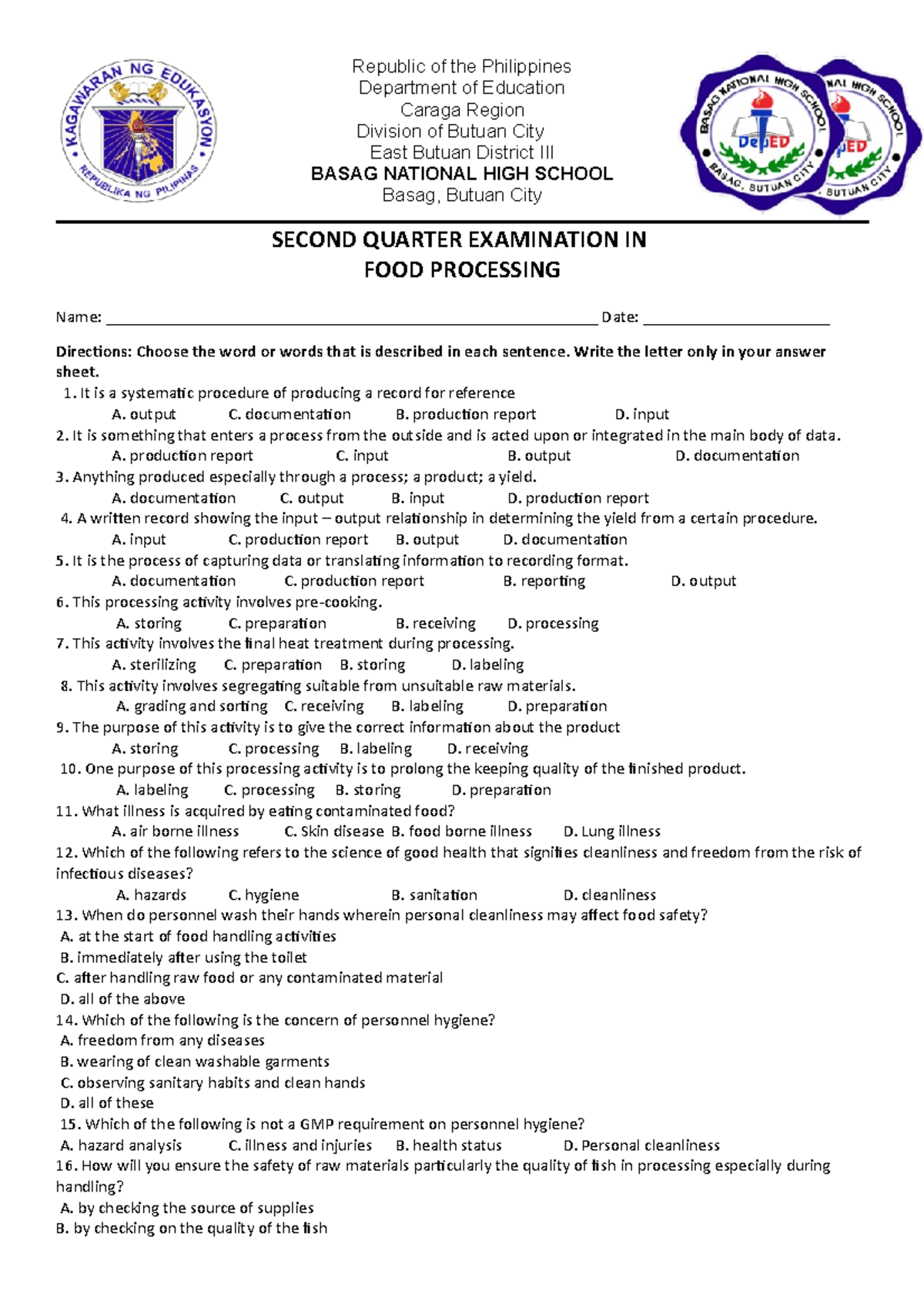 2nd quarter exam food processing - Republic of the Philippines ...