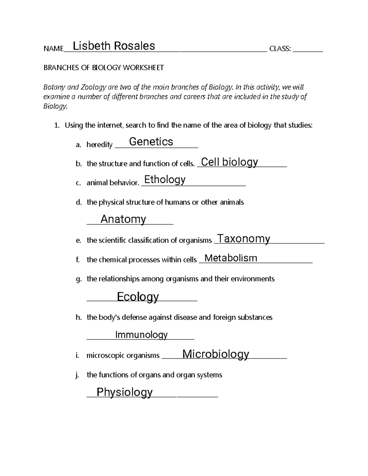 Edited - branches-of-biology-worksheet complete work wit ...
