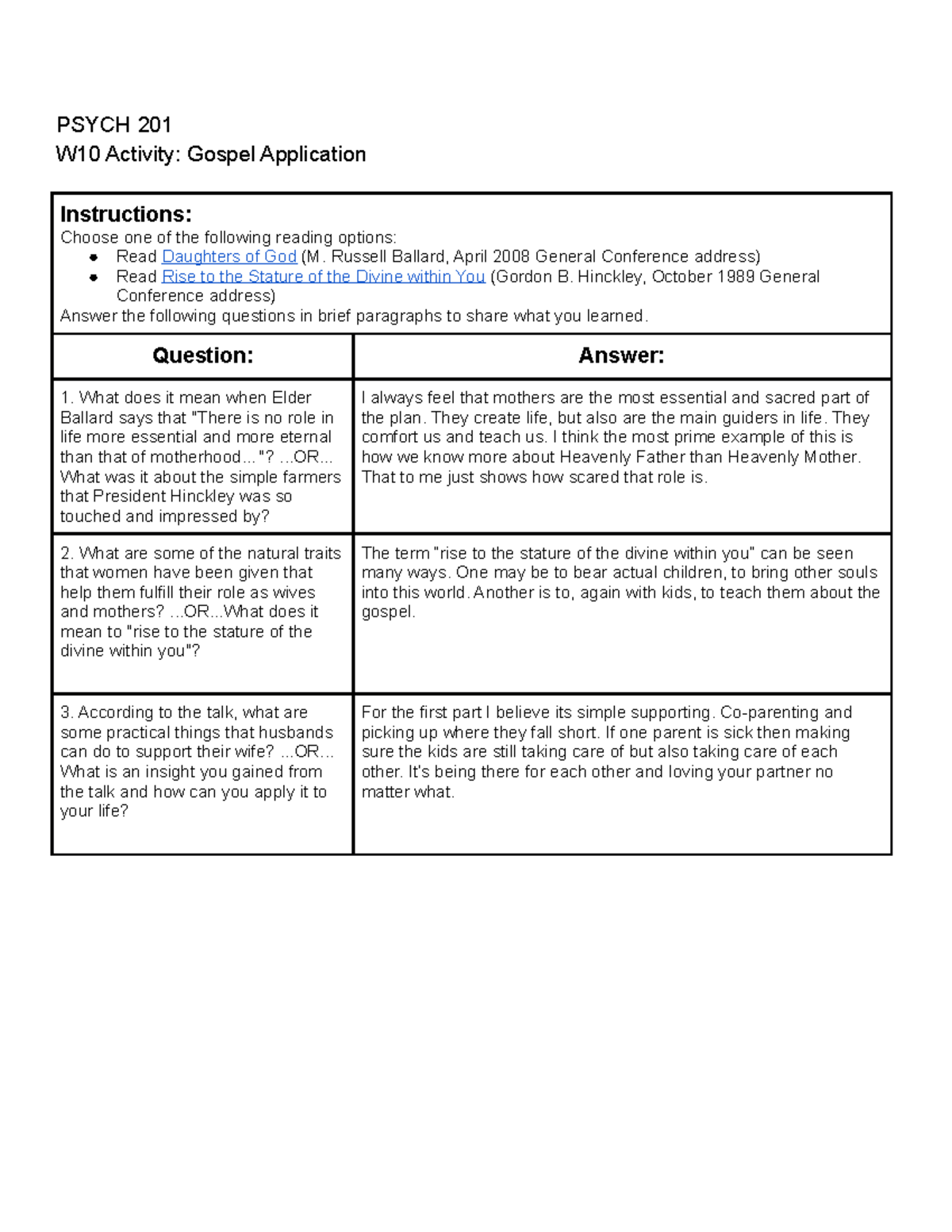 Psych 201 document W10Gospel Application - PSYCH 201 W10 Activity: Gospel Application ...