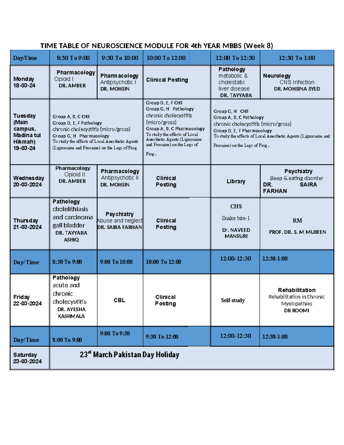 8th WEEK TIME Table OF Neuroscience Module FOR 4th YEAR MBBS - TIME ...