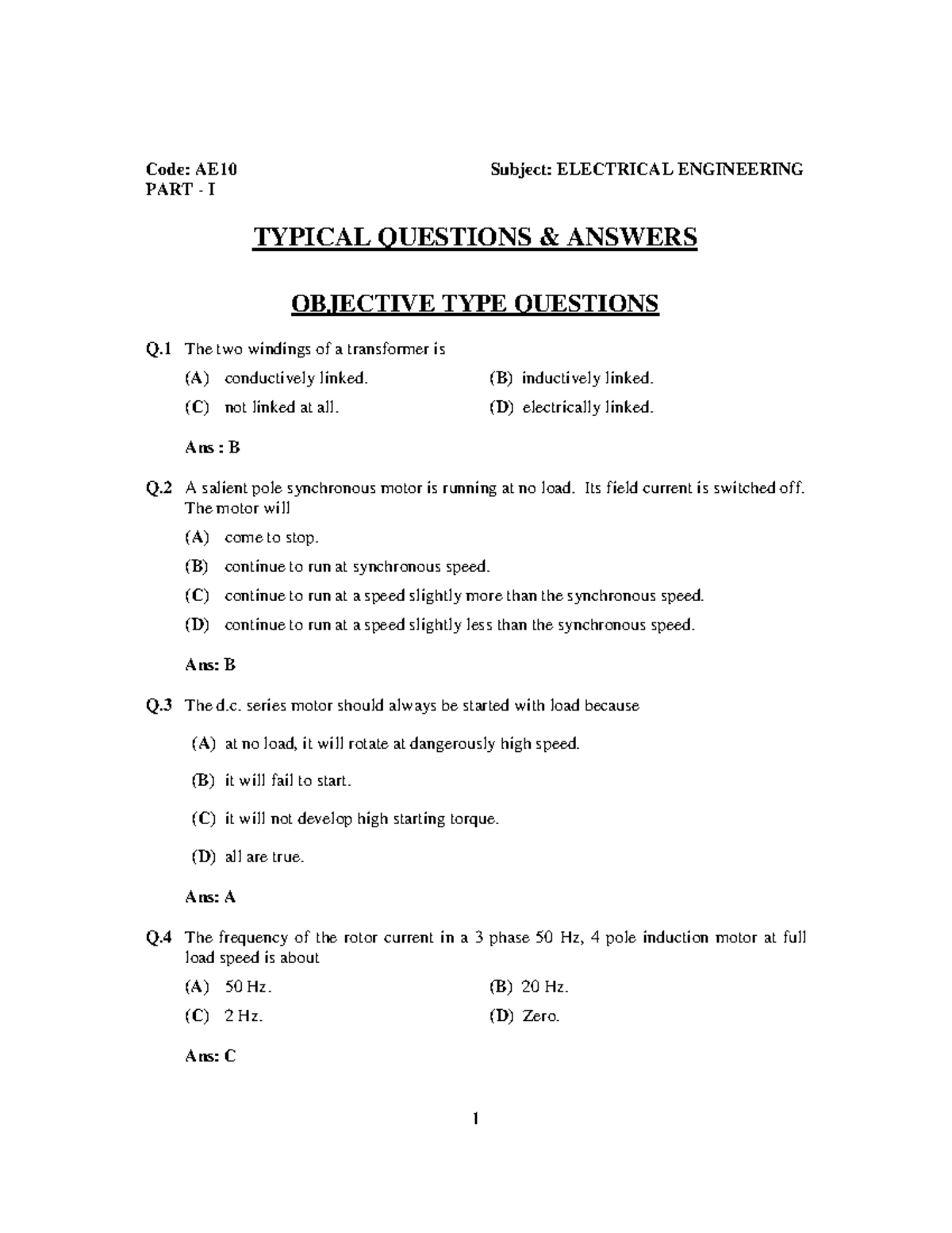 Code AE10 Electrical Engineering - Code: AE10 Subject: ELECTRICAL ...