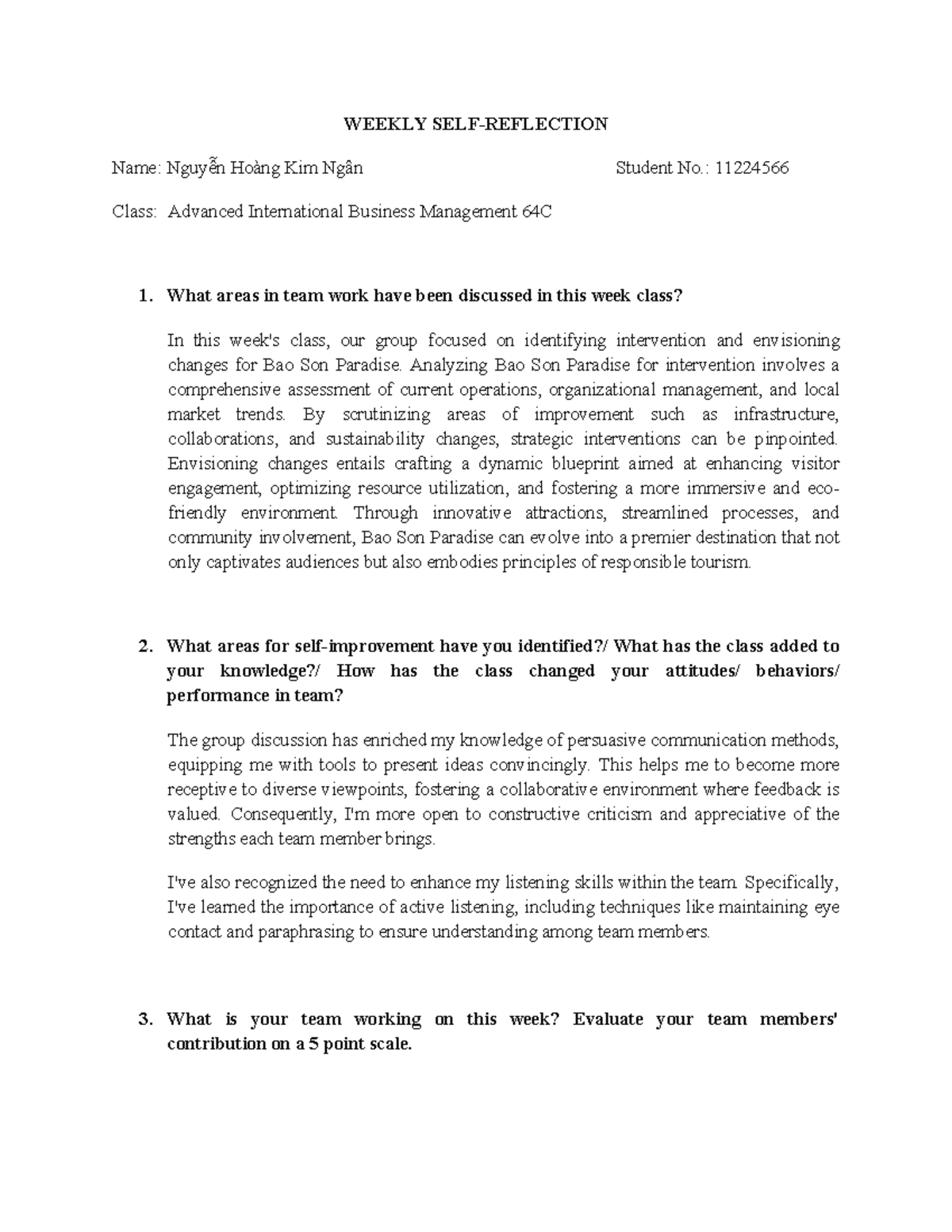 Weekly Self-Reflection - WEEKLY SELF-REFLECTION Name: Nguyễn Hoàng Kim ...