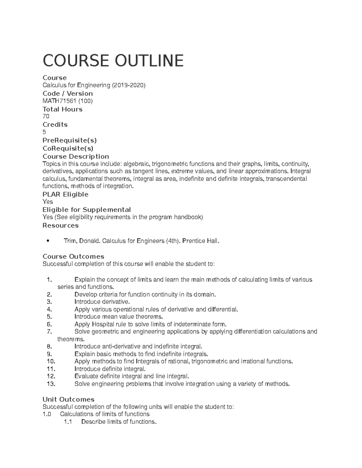 Course Outline - COURSE OUTLINE Course Calculus for Engineering (2019 ...