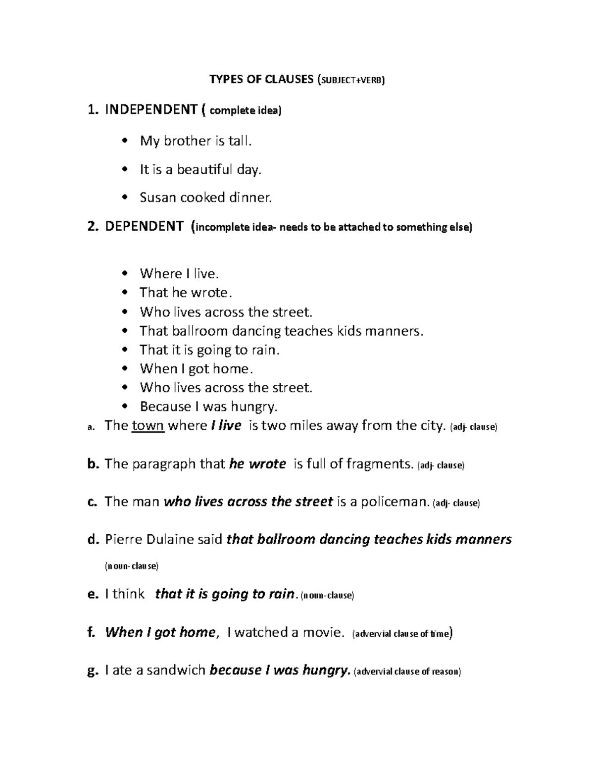 2. Types OF Clauses - 111 - TYPES OF CLAUSES (SUBJECT+VERB) 1 ...
