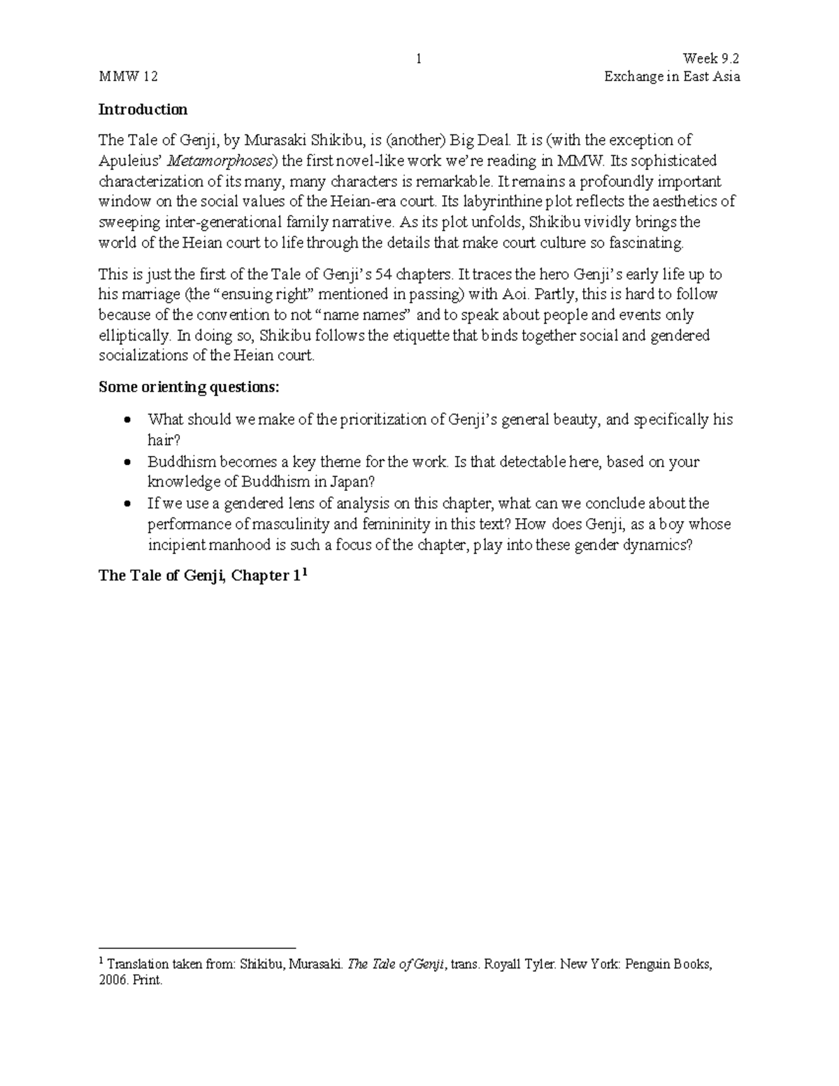 Murasaki Shikibu, The Tale of Genji, Chapter 1 - Week 9. MMW 12 ...