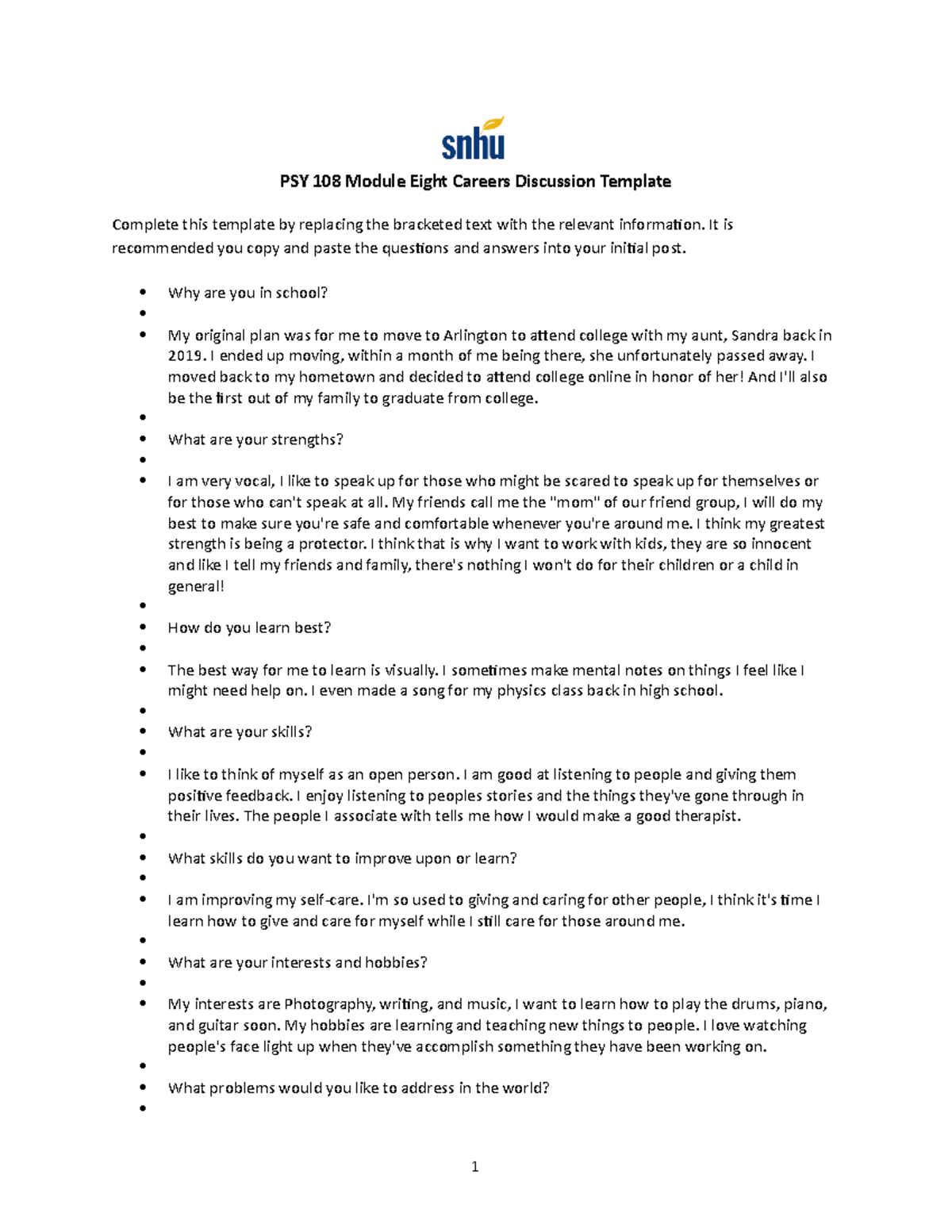 PSY 108 Module Eight Careers Discussion Template - PSY 108 Module Eight ...