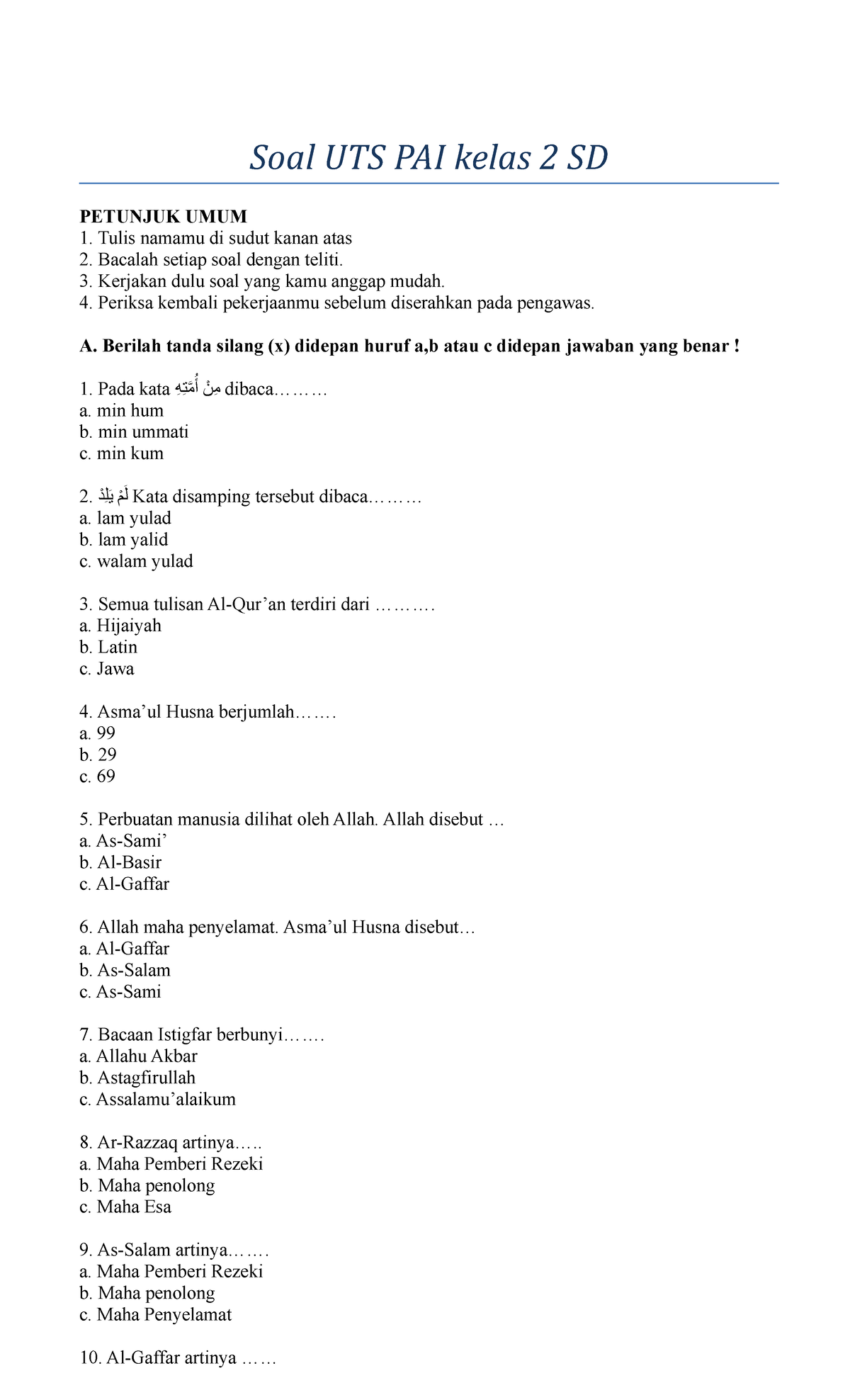 25+ Contoh Soal UTS PAI kelas 2 SD MI dan Kunci Jawaban - Soal UTS PAI kelas 2 SD PETUNJUK UMUM ...