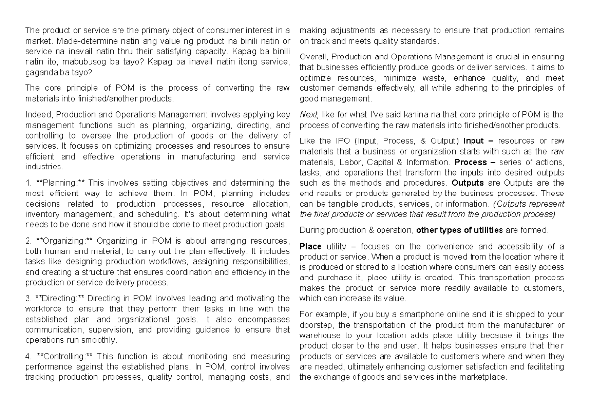 POM Report - The product or service are the primary object of consumer ...