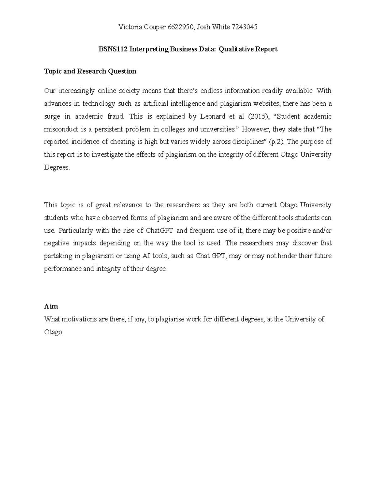 Final QUAL Report - BSNS112 Interpreting Business Data: Qualitative Report Topic and Research ...