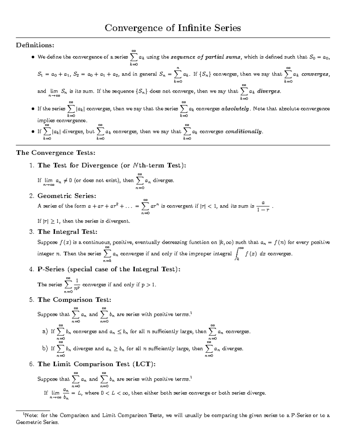 Series Summary - Convergence of Infinite Series Definitions: • We ...