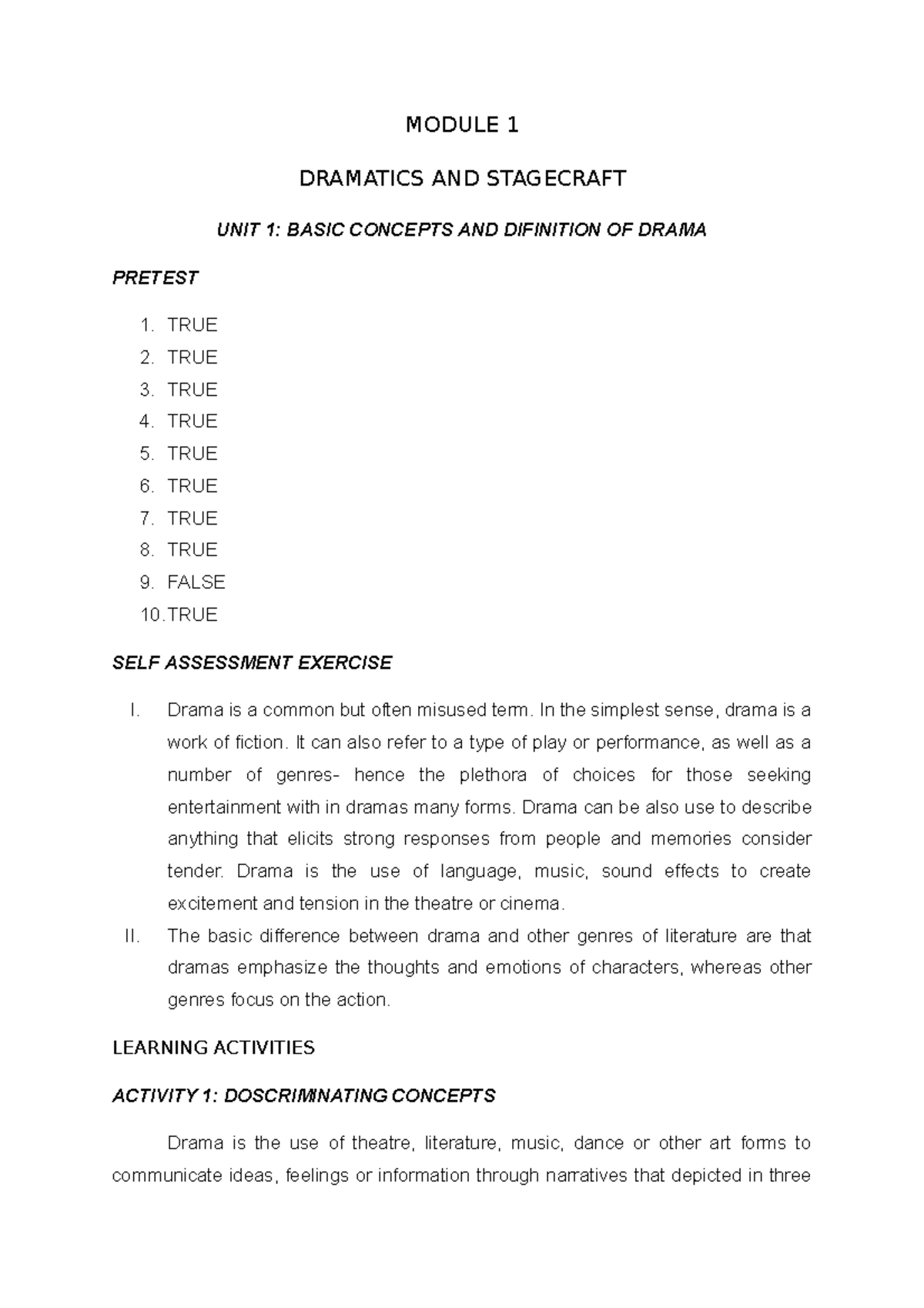 Dramatics AND Stagecraft - MODULE 1 DRAMATICS AND STAGECRAFT UNIT 1 ...
