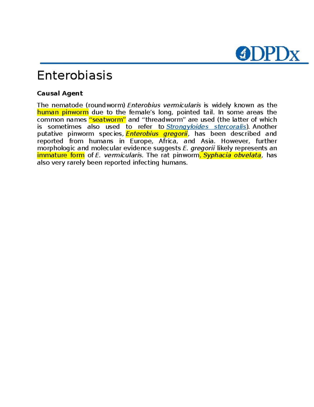 CDC - Enterobiasis - Enterobiasis Causal Agent The nematode (roundworm ...