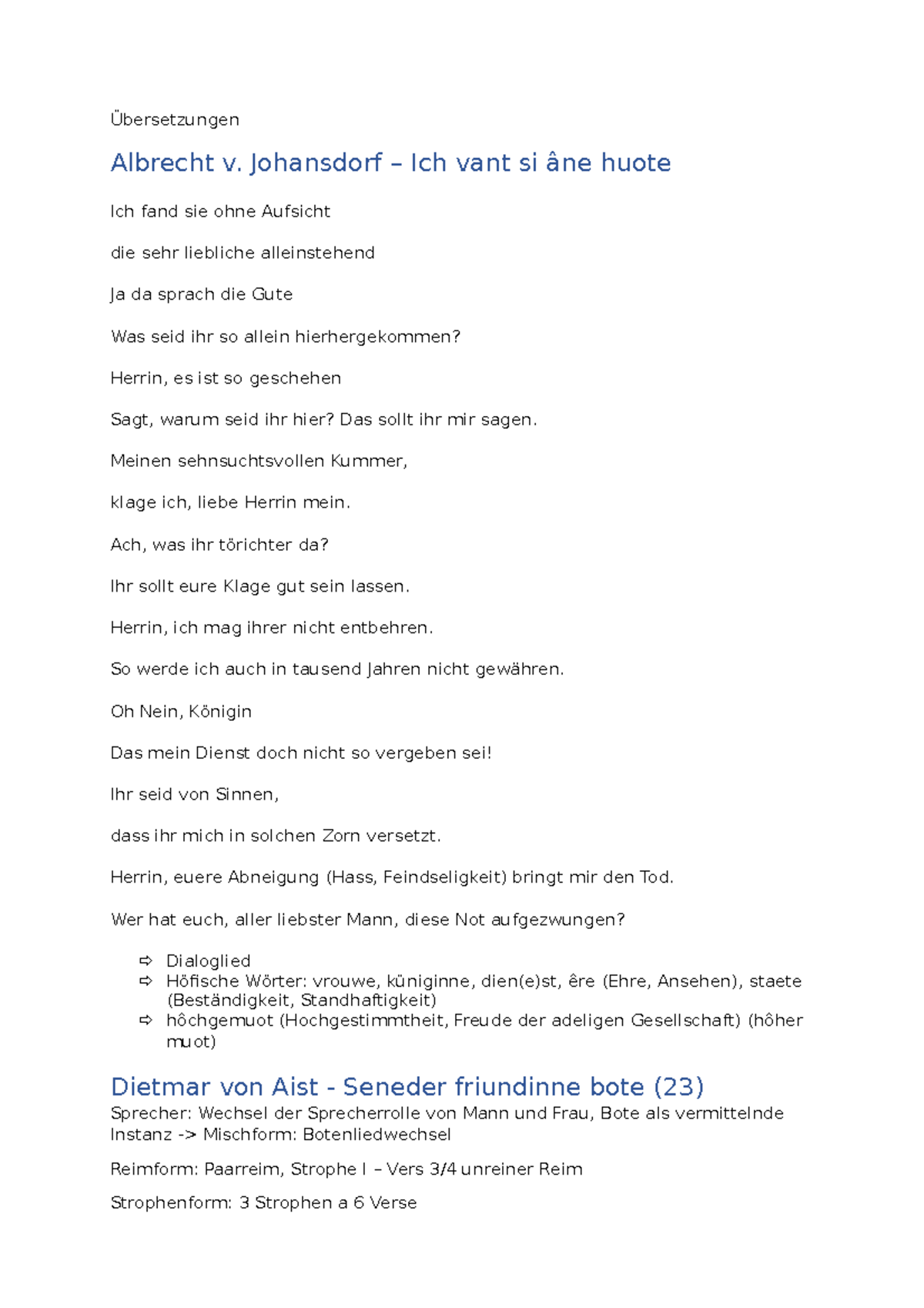 Übersetzungen Minnesang - Übersetzungen Albrecht v. Johansdorf – Ich ...