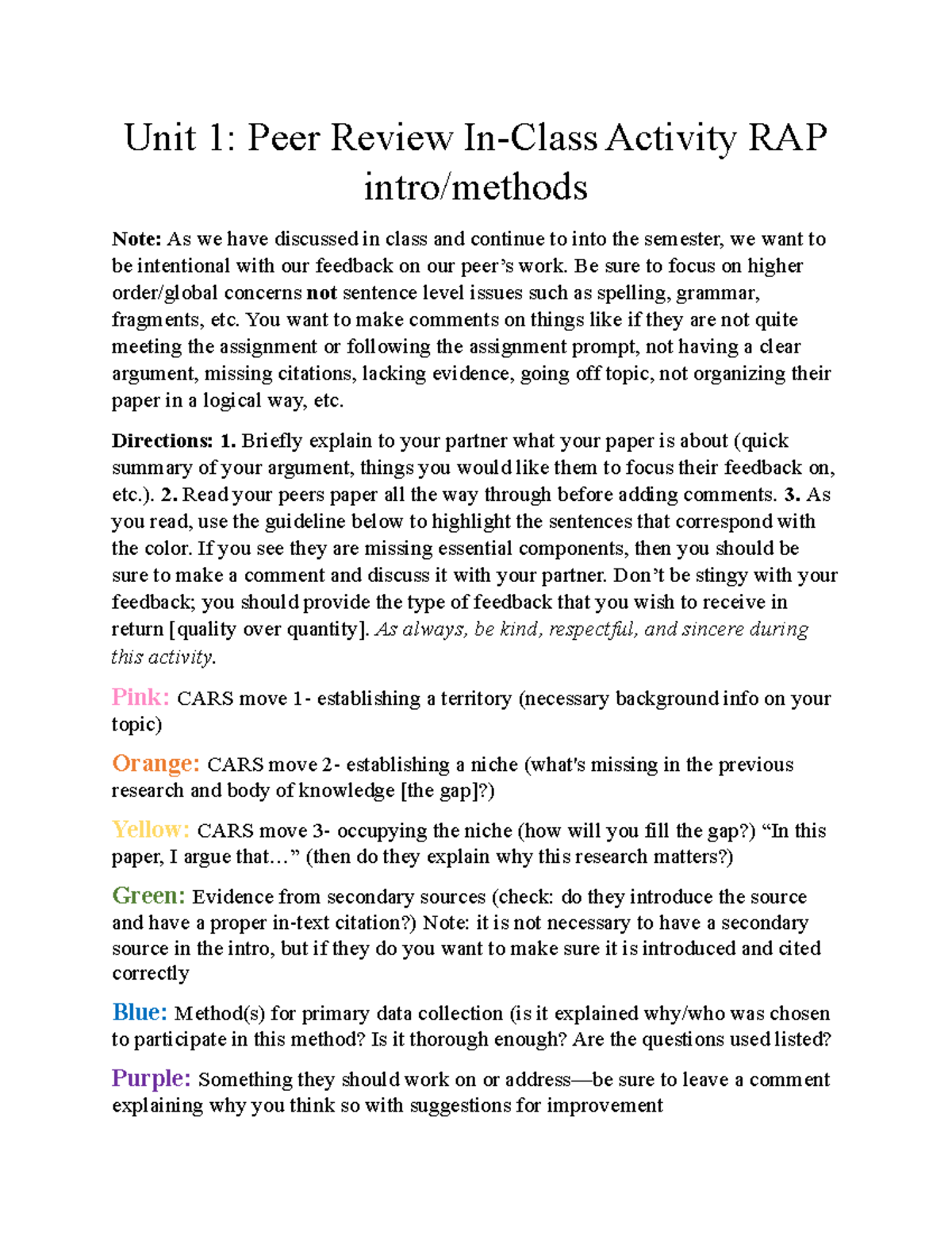 Peer Review Activity RAP intro and methods - Unit 1: Peer Review In ...