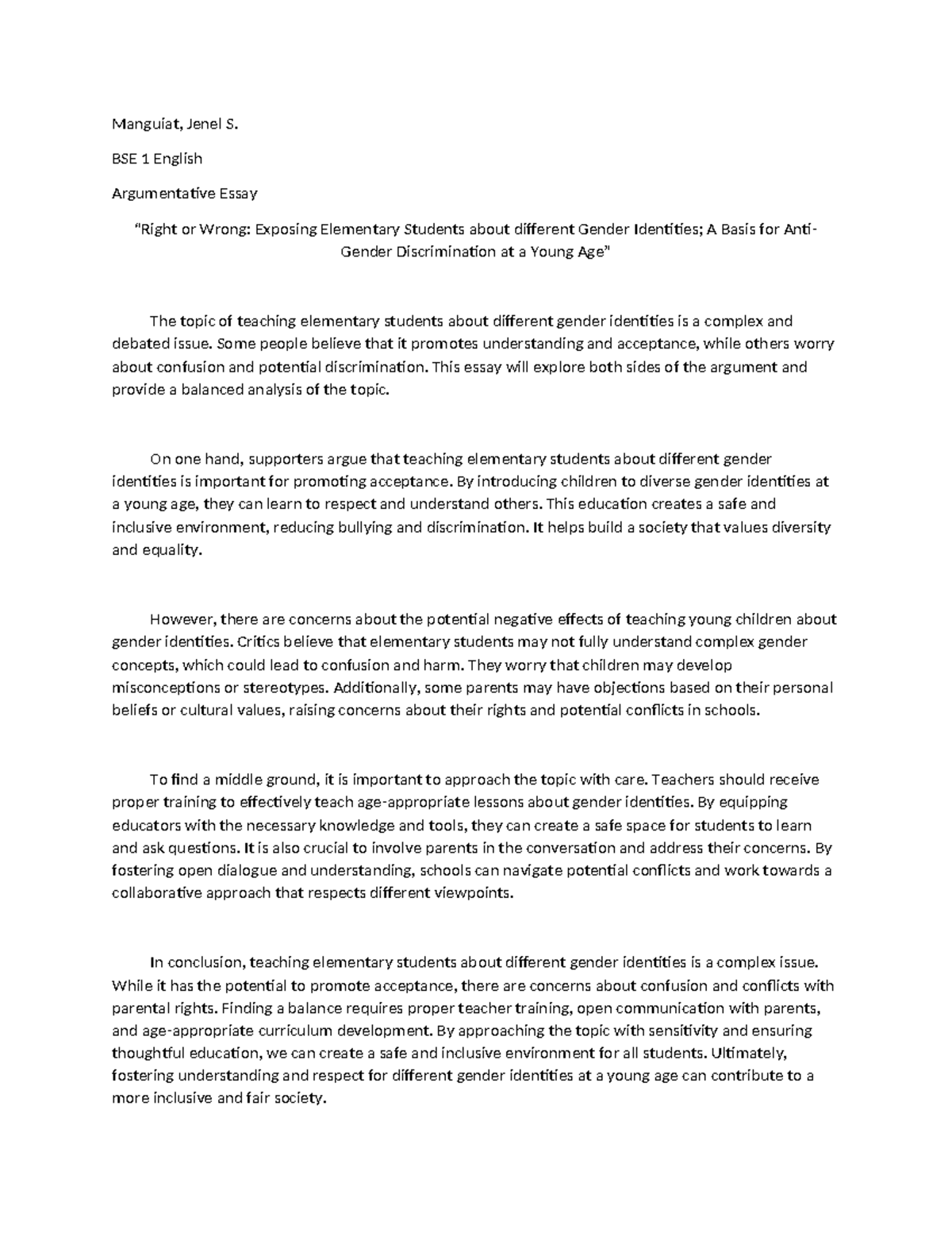 ALL- Essays - BSE 1 English Argumentative Essay “Right or Wrong ...