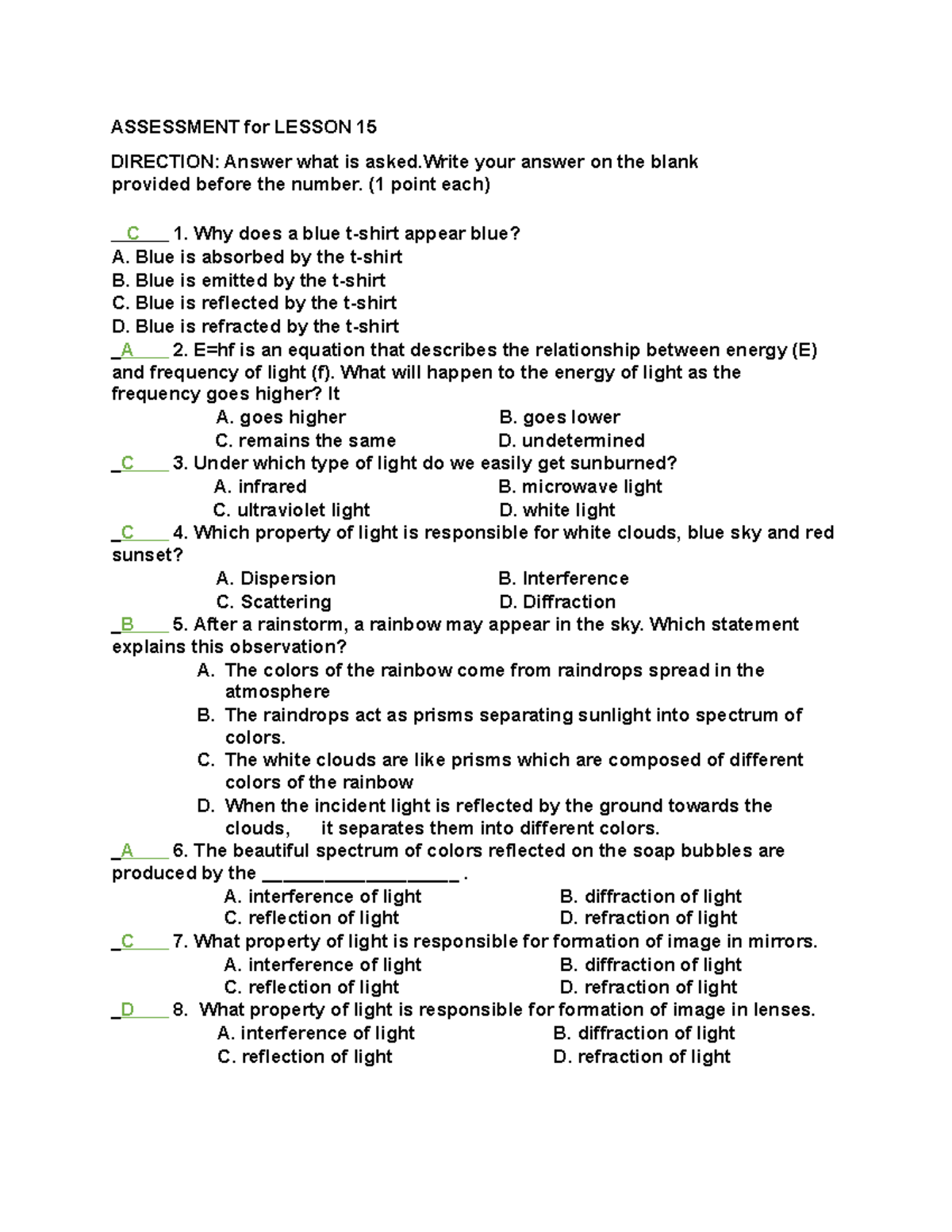 Physics Assessment Lesson 15 - ASSESSMENT for LESSON 15 DIRECTION ...