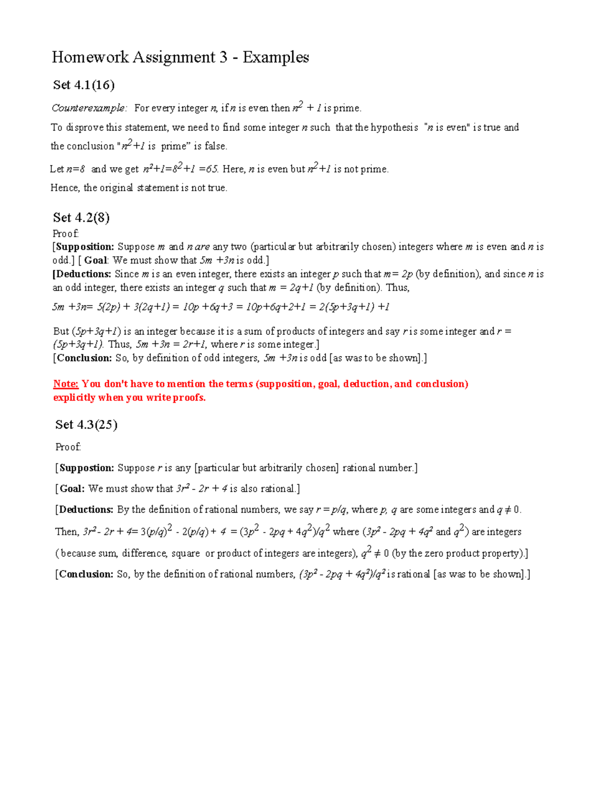 HW3 Examples - Answer to assignments - Set 4( 8 ) Proof: [Supposition: Suppose m and n are any ...