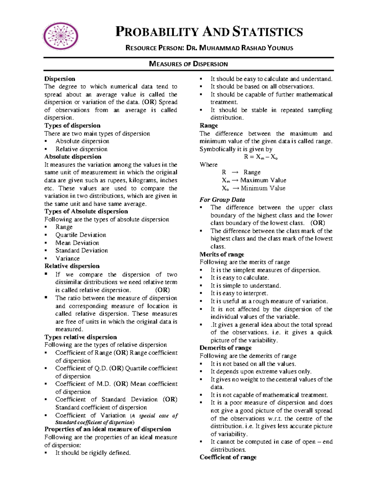 WEEK 4 FALL 2022 - DR.RASHAD - PROBABILITY AND STATISTICS RESOURCE ...