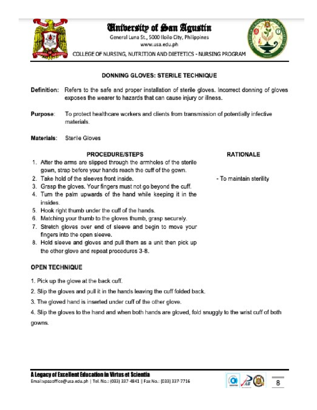 Checklist- OPEN Gloving - Nursing - Studocu