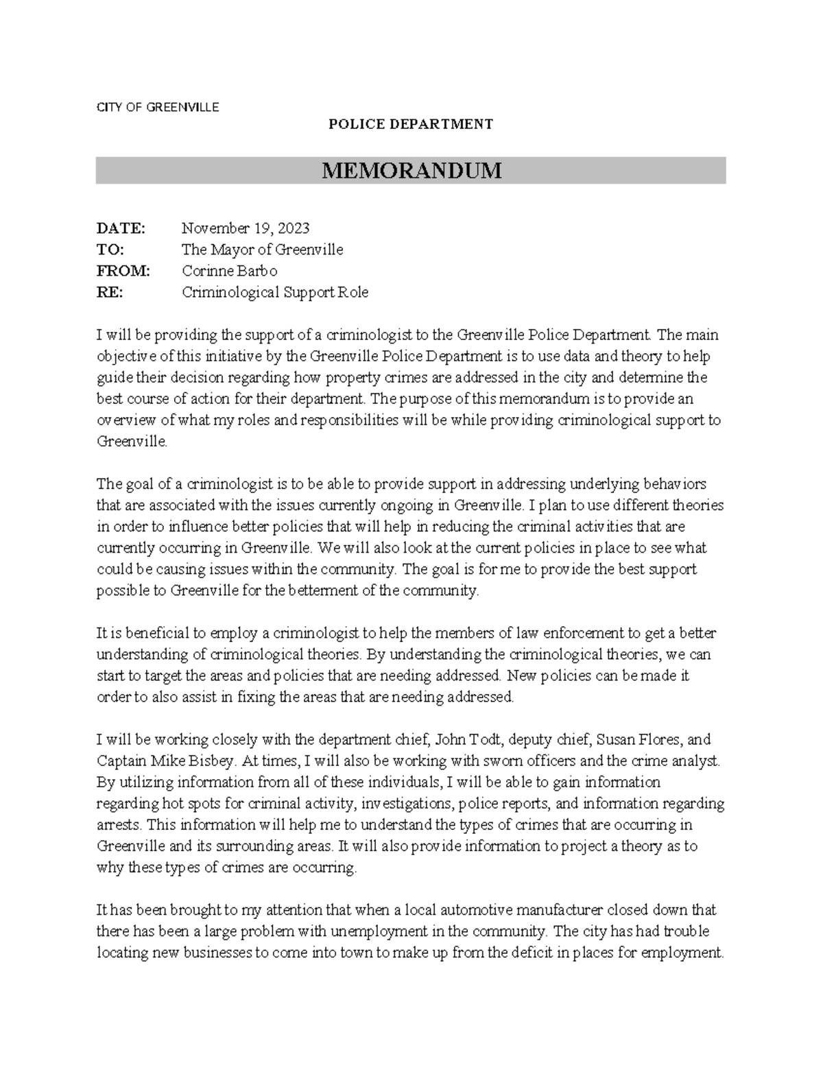 CJ 306 Project One - Coursework for CJ 306 - CITY OF GREENVILLE POLICE ...