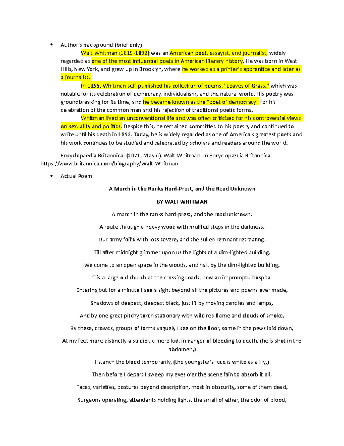 Poem report world lit - for lit - Author’s background (brief only) Walt ...
