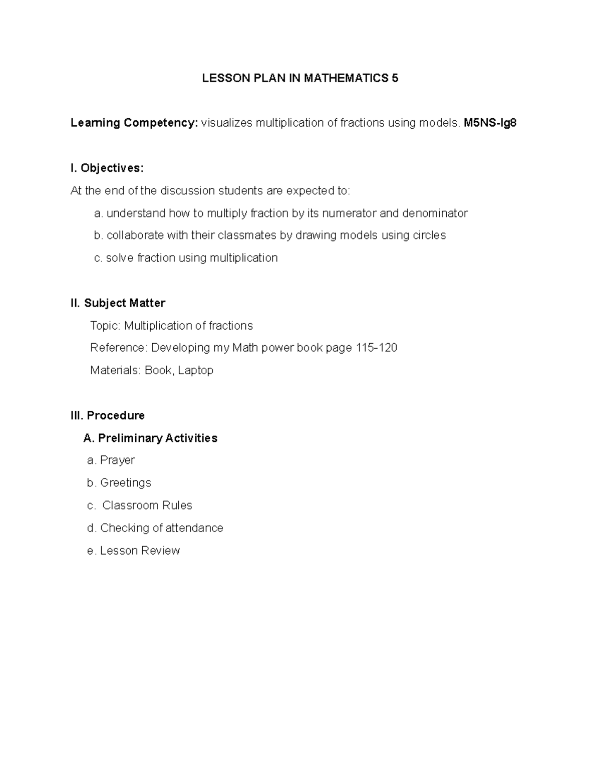 Lesson PLAN IN Mathematics 5 2 - LESSON PLAN IN MATHEMATICS 5 Learning ...