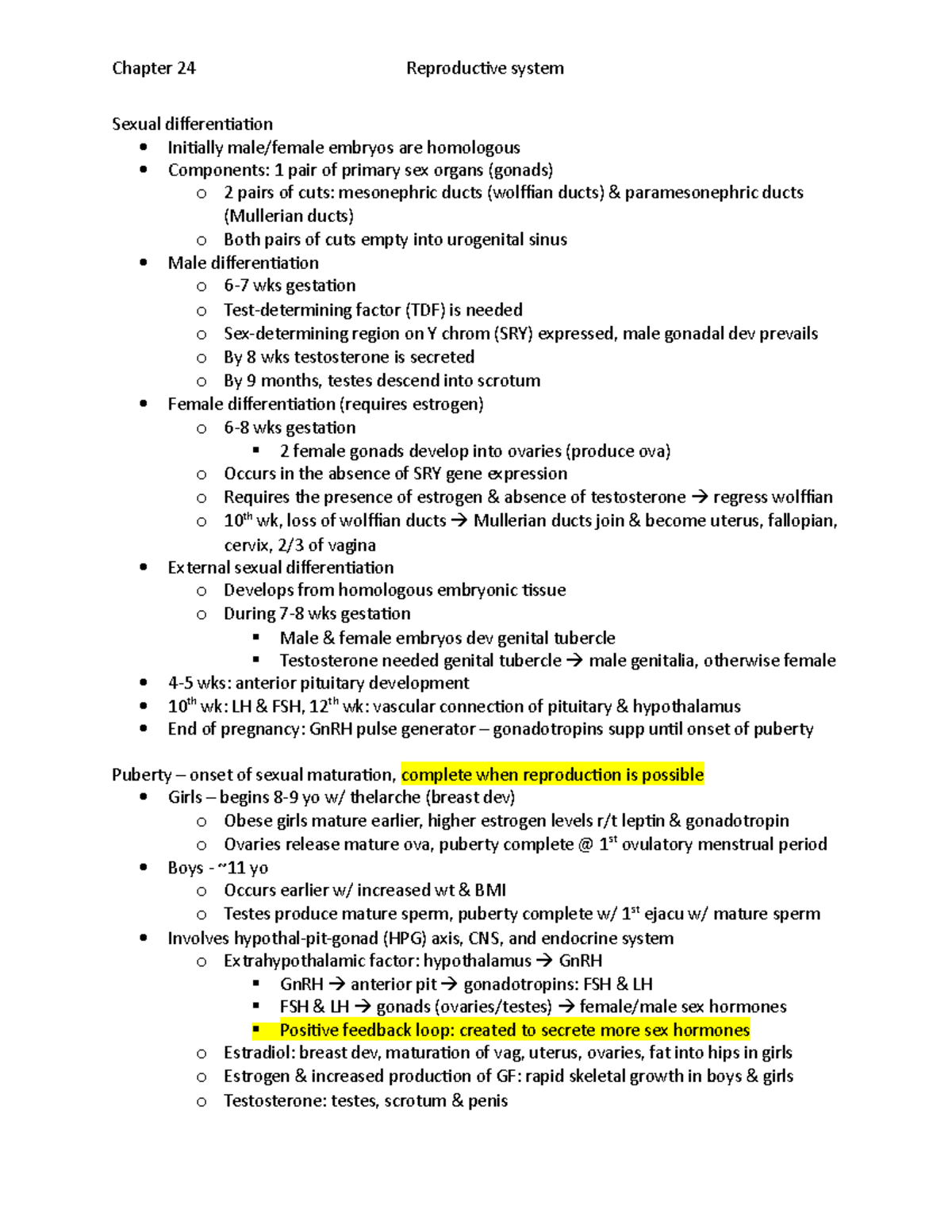 Chapter 24 - Chapter 24 Reproductive system Sexual differentiation ...