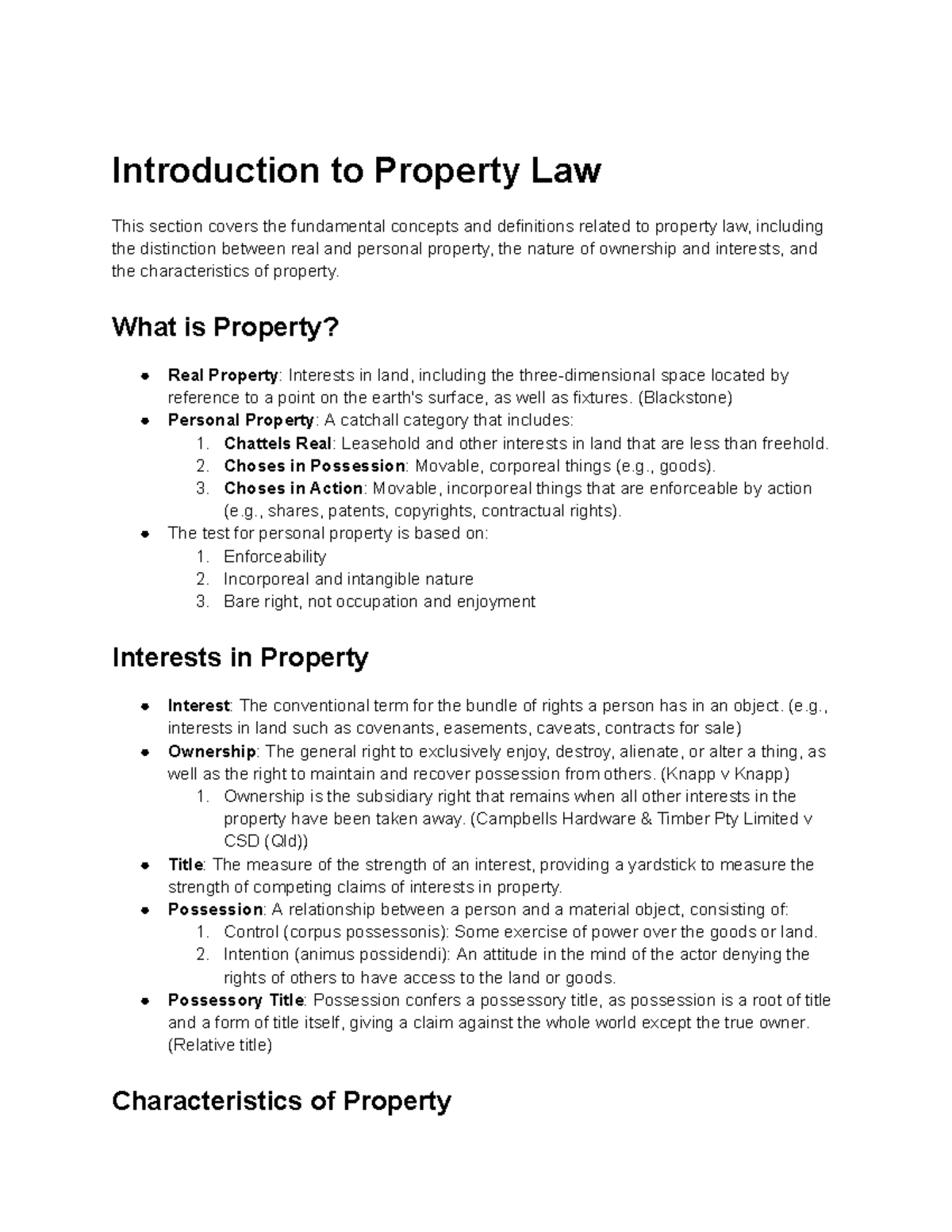 Lecture notes - LPAB - Introduction to Property Law This section covers ...