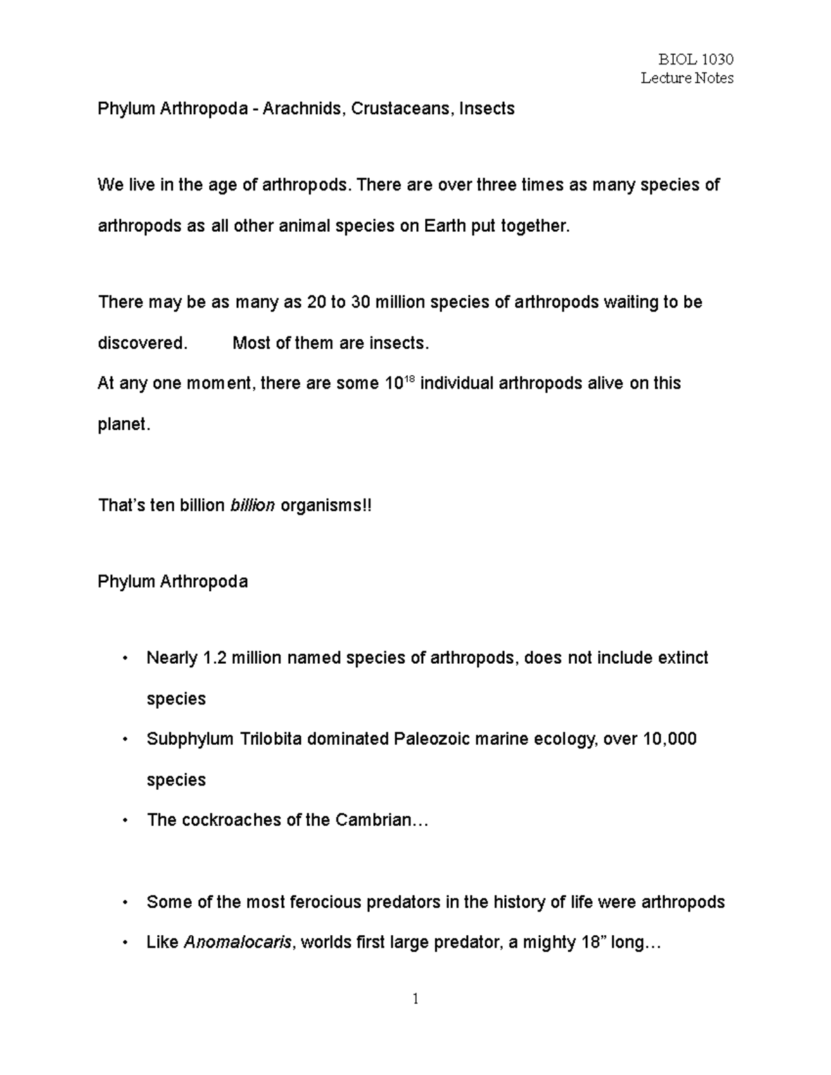 2021-BIOL-1030-Organismal-Biology-Lecture-Notes-Phylum Arthropoda-8A ...