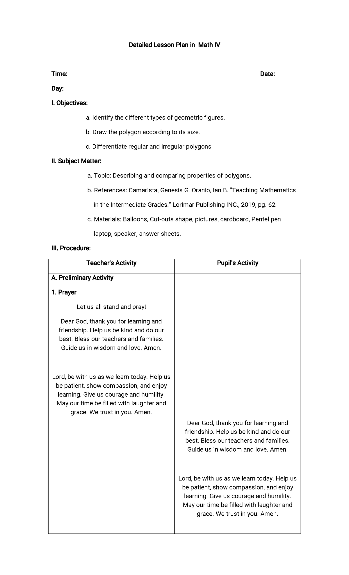 4ES MATH LP Dpolygons - Detailed Lesson Plan in Math IV Time: Date: Day ...