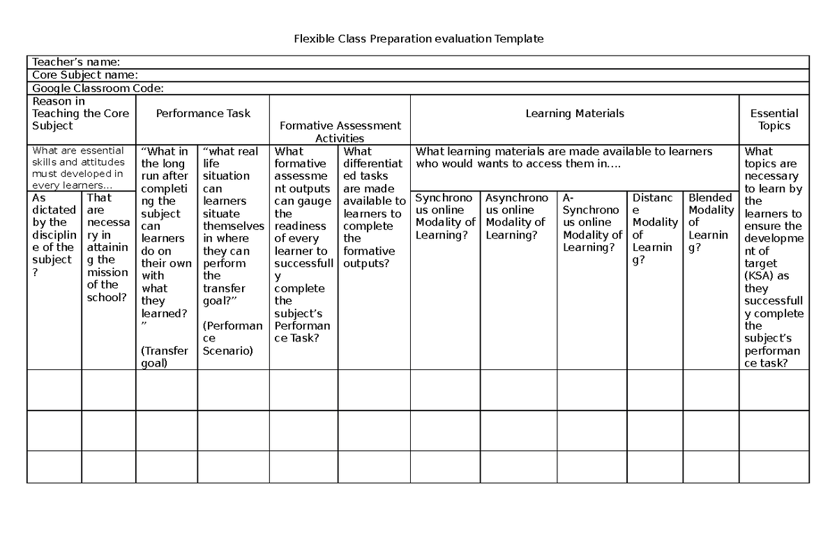 Flexible Class Preparation evaluation Template - Flexible Class ...