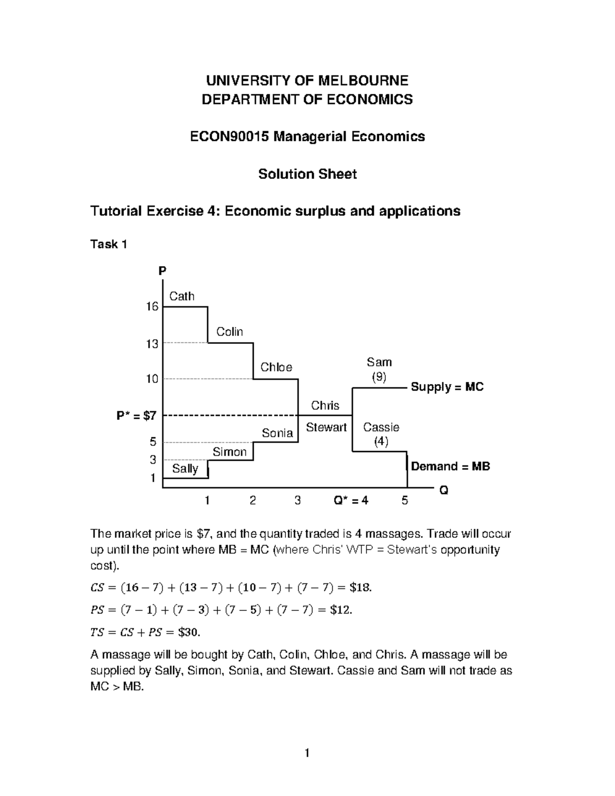 Tutorial 4 solutions - Tute - UNIVERSITY OF MELBOURNE DEPARTMENT OF ECONOMICS ECON90015 ...
