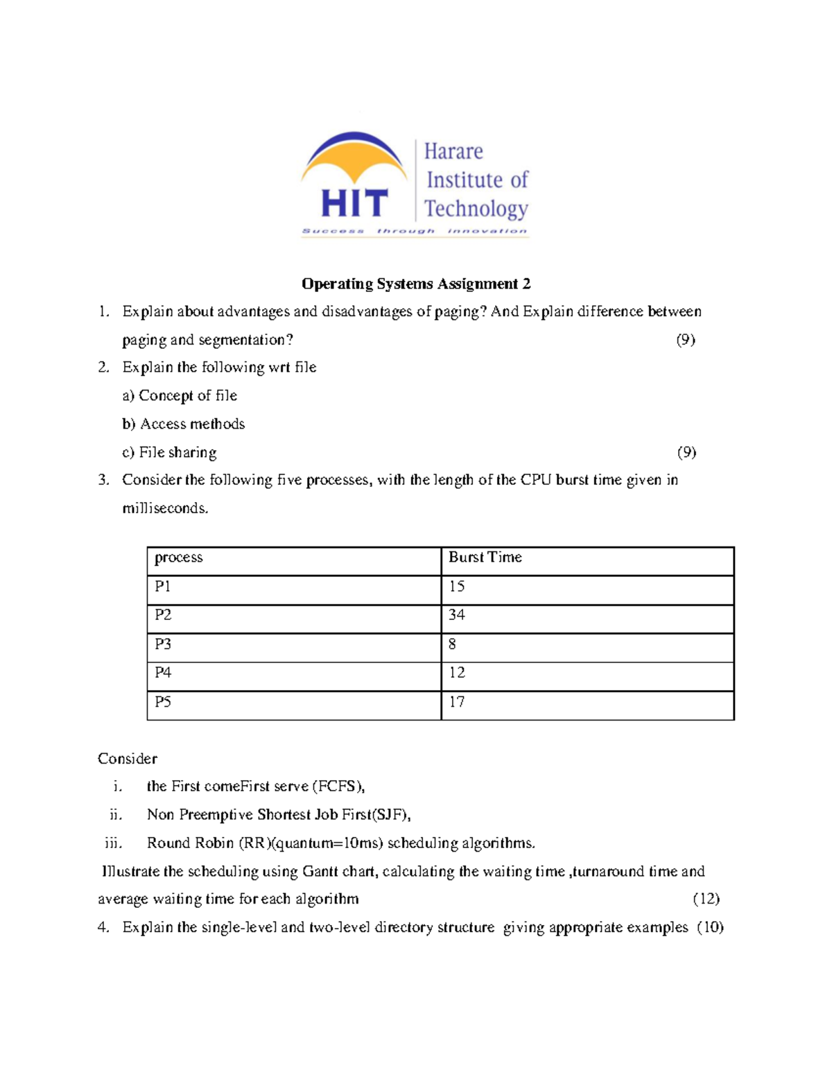 Operating Systems - process Burst Time P1 15 P2 34 P3 8 P4 12 P5 17 ...
