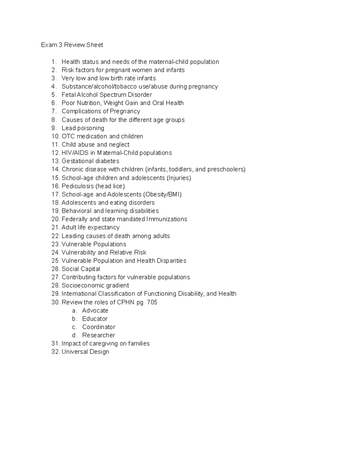 Exam 3 Review Sheet - List to go over - Exam 3 Review Sheet Health ...
