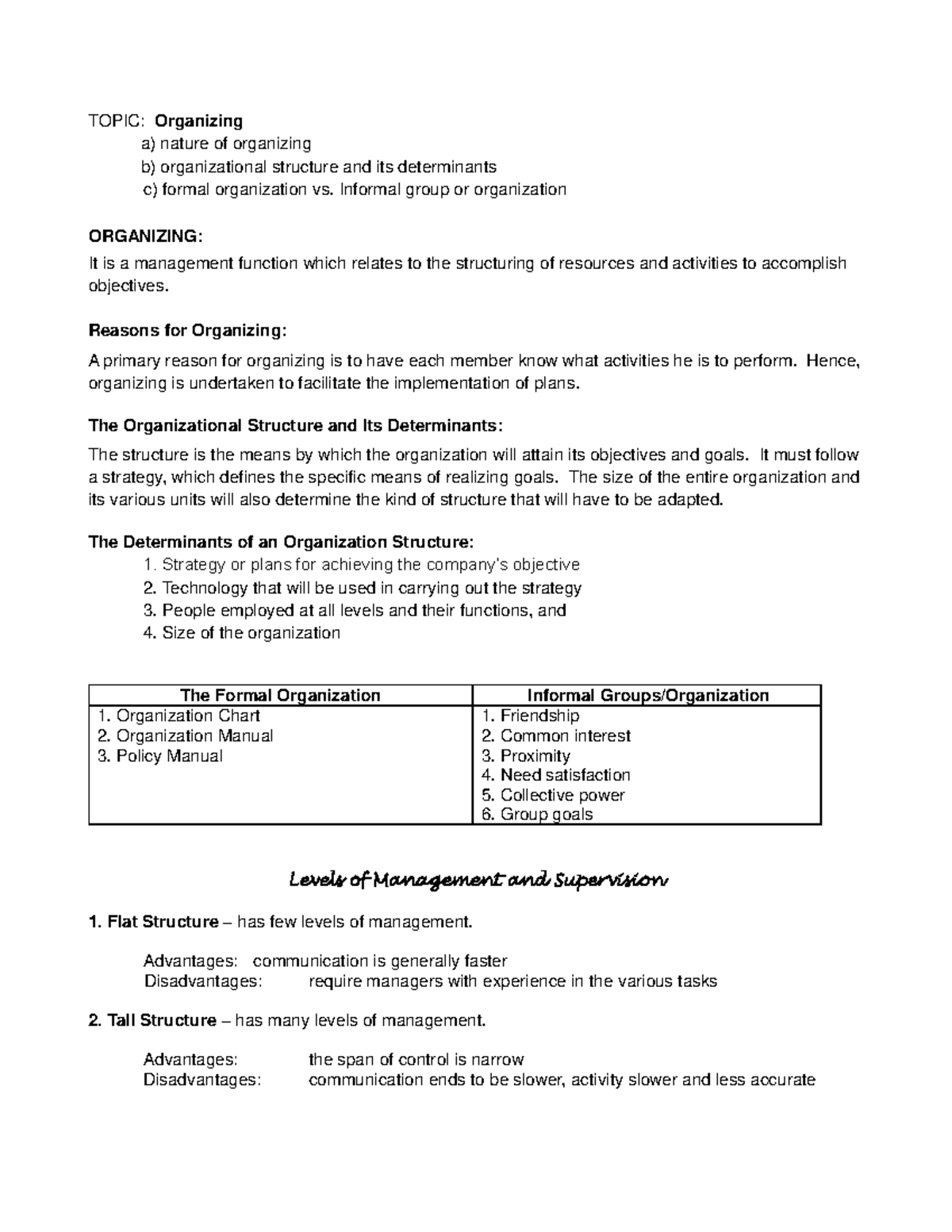 Concept Notes Organizing - TOPIC: Organizing a) nature of organizing b ...