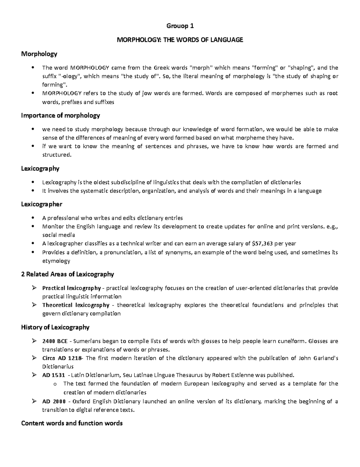 Speng 100 Grooup 1 1-Alpha - Grouop 1 MORPHOLOGY: THE WORDS OF LANGUAGE ...