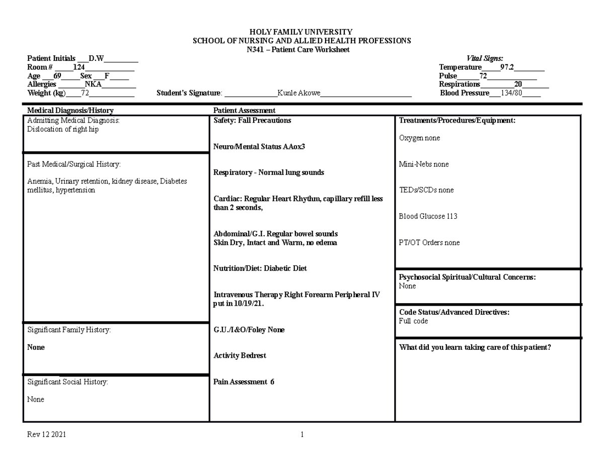 N 341 Patient Care Worksheet - HOLY FAMILY UNIVERSITY SCHOOL OF NURSING ...