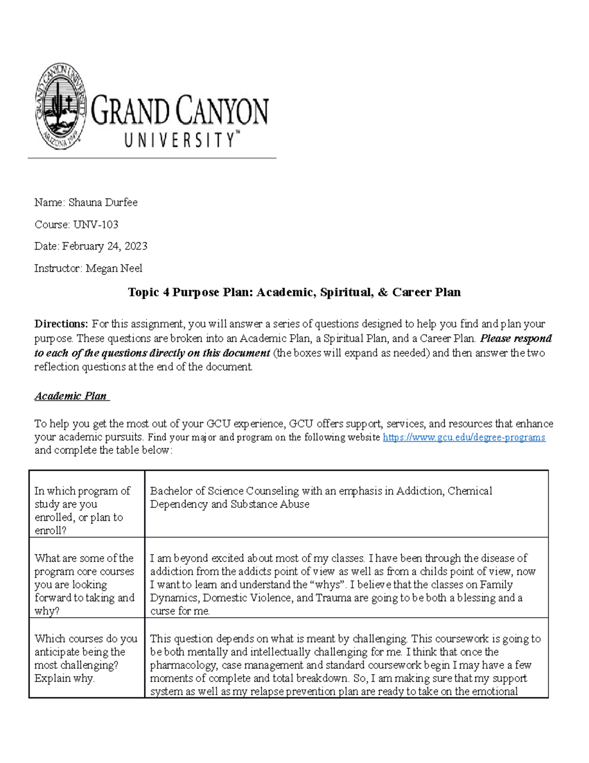 UNV-103-RS-T4 Purpose Plan Online - Name: Shauna Durfee Course: UNV ...