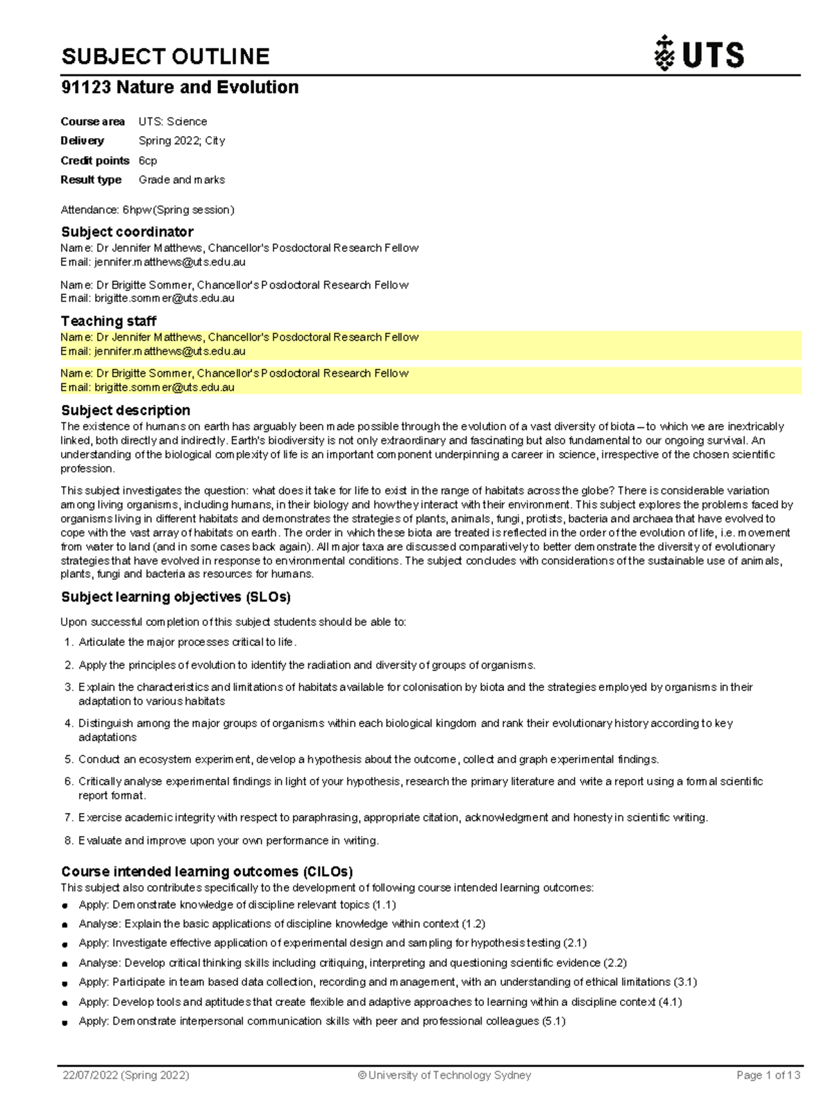 Subject Outline - SUBJECT OUTLINE 91123 Nature and Evolution Attendance ...