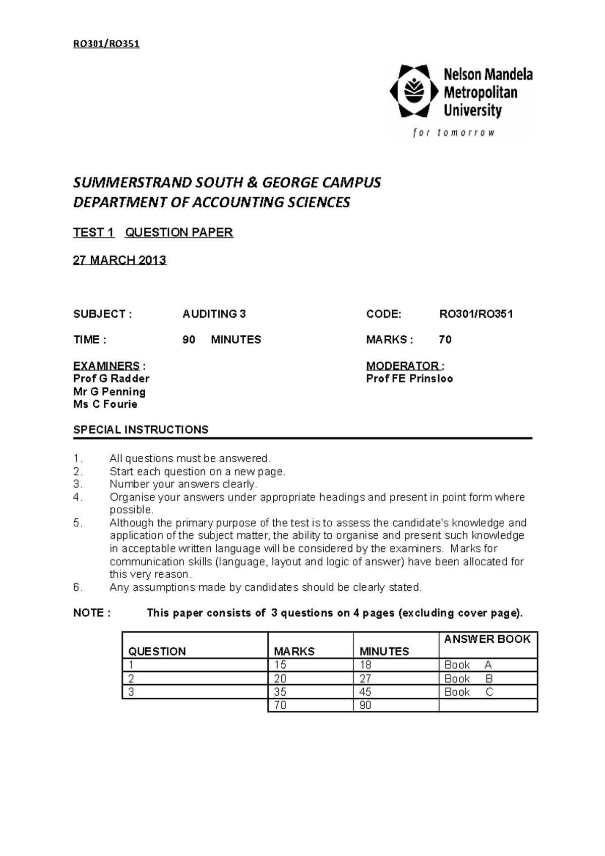 2013 RO301 TEST 1 Question Paper doc - SUMMERSTRAND SOUTH & GEORGE ...