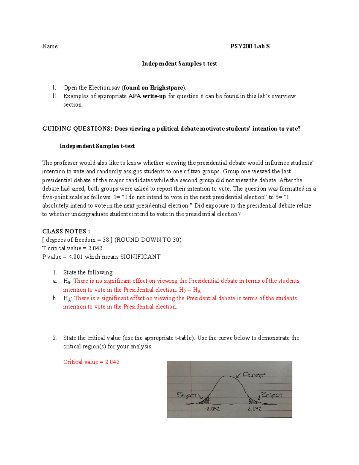 Psych Lab 8 - LAB - Name: PSY200 Lab 8 Independent Samples t-test I ...