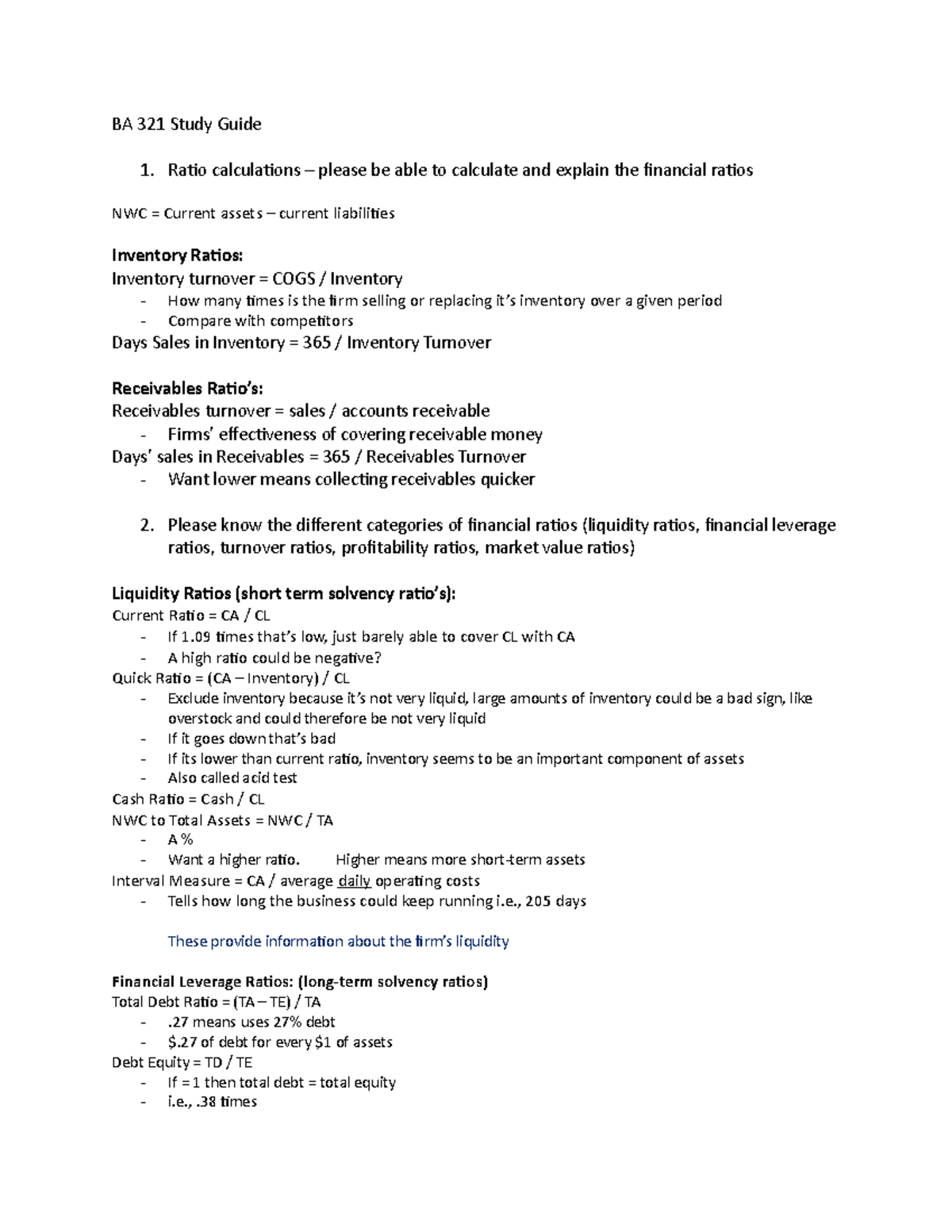 Exam 1 Study Guide - BA 321 Study Guide 1. Ratio calculations – please ...