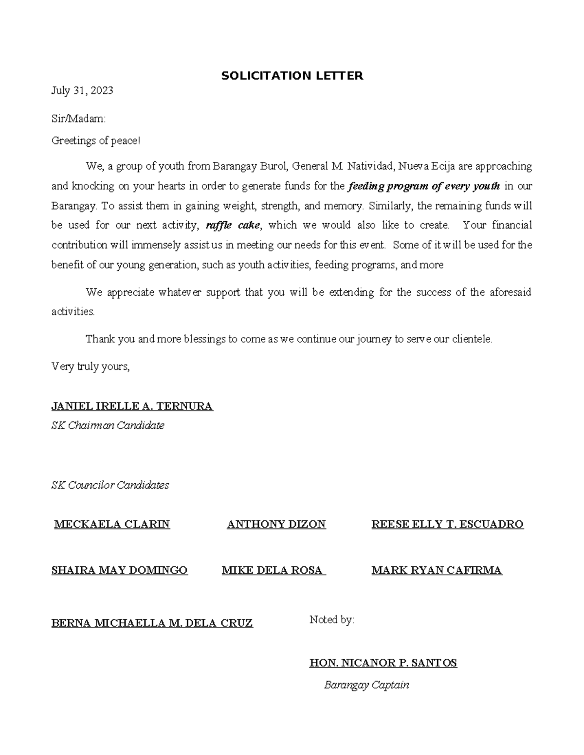 SK Solication Letter - Noted by: HON. NICANOR P. SANTOS Barangay ...