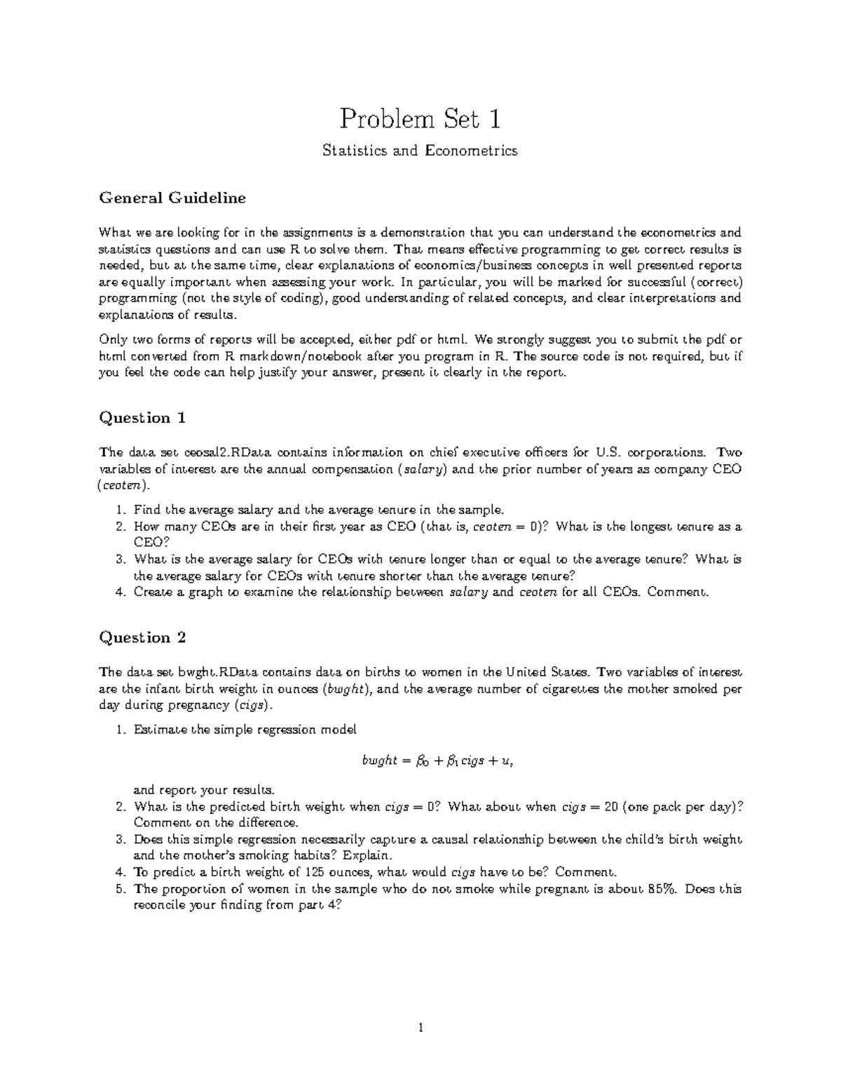 Econometrics Practice Problem Set 1 Statistics And Econometrics General Guideline What We Are