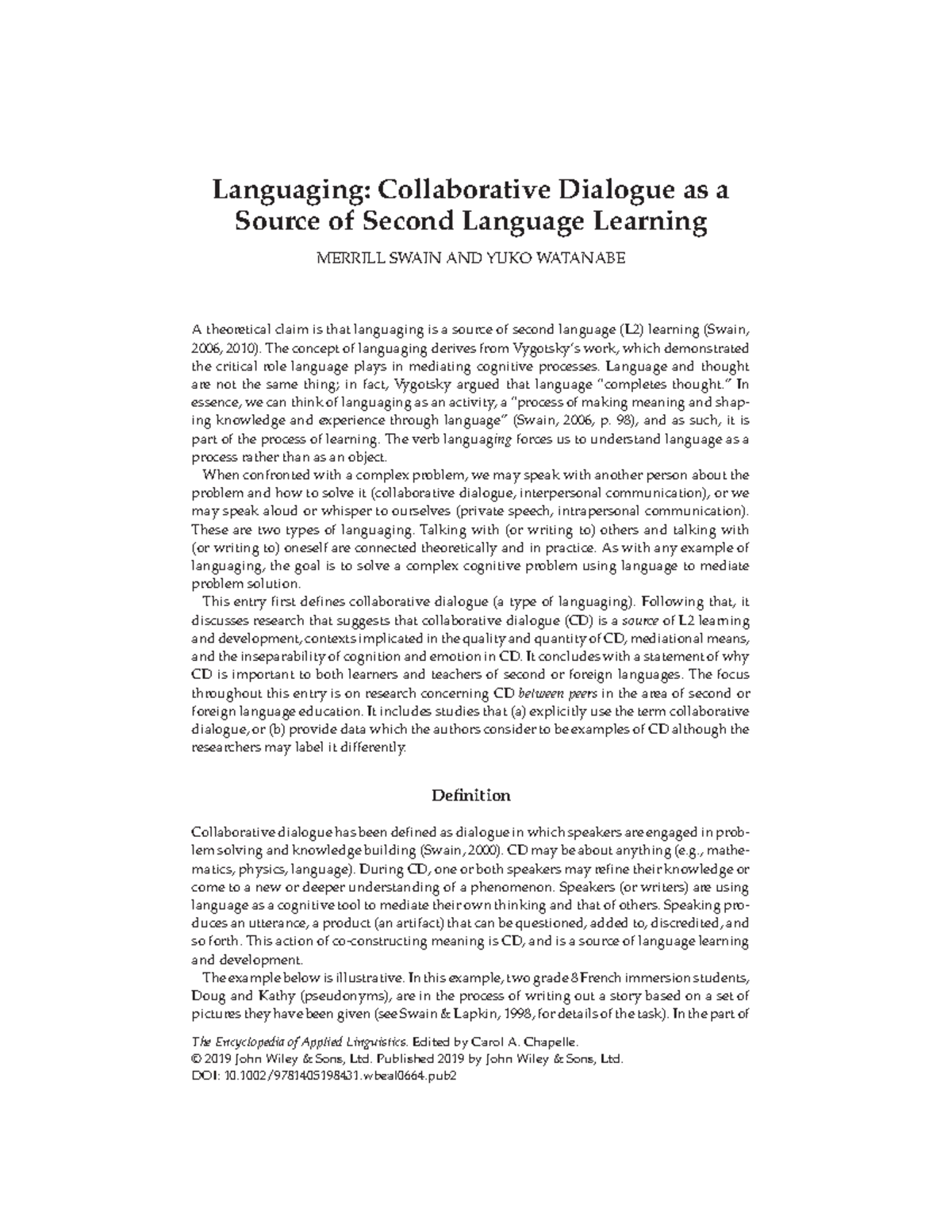 Swain 2019 - Languaging: Collaborative Dialogue as a Source of Second ...